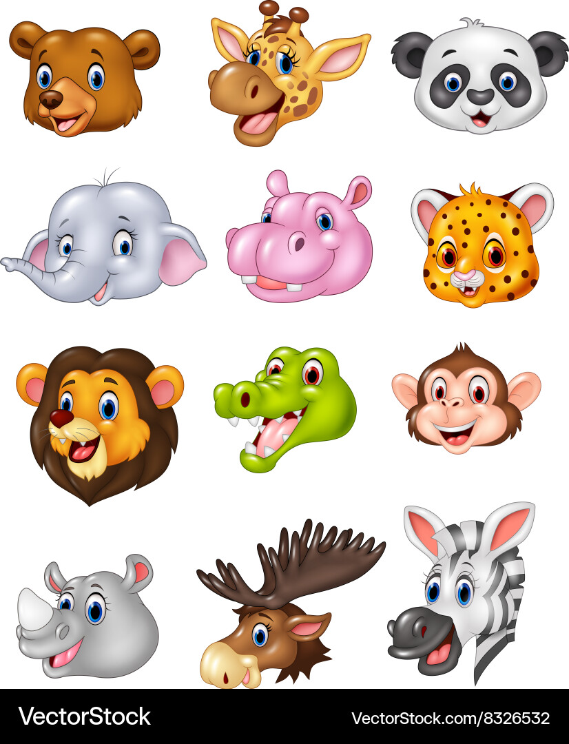 Cartoon wild animal head collection Royalty Free Vector