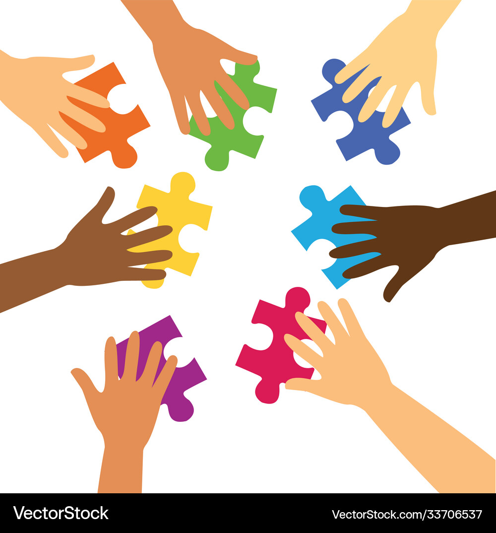 Many hands holding colorful puzzle pieces Vector Image
