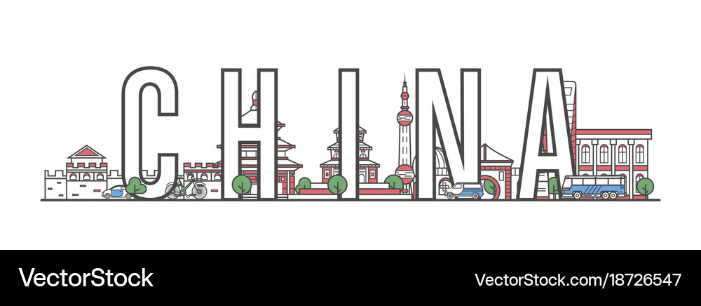 China travel lettering in linear style Royalty Free Vector
