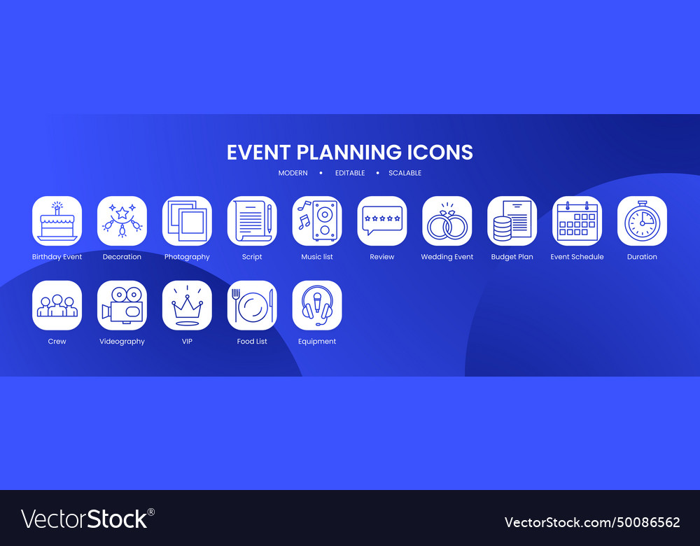 Event planning icon collection with black filled Vector Image