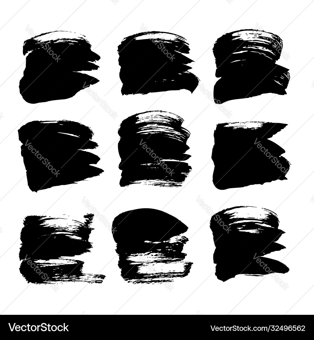 Nine black thick textured ink smears isolated Vector Image