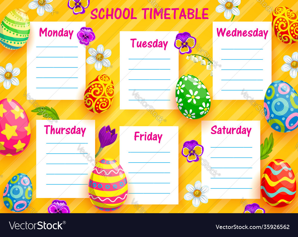 School timetable template with easter eggs Vector Image