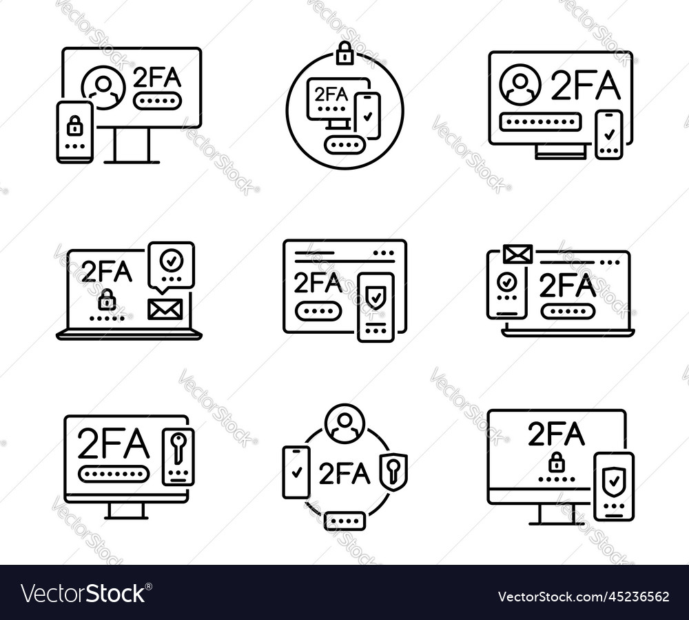 Two Factor Verification 2fa Outline Icons Vector Image