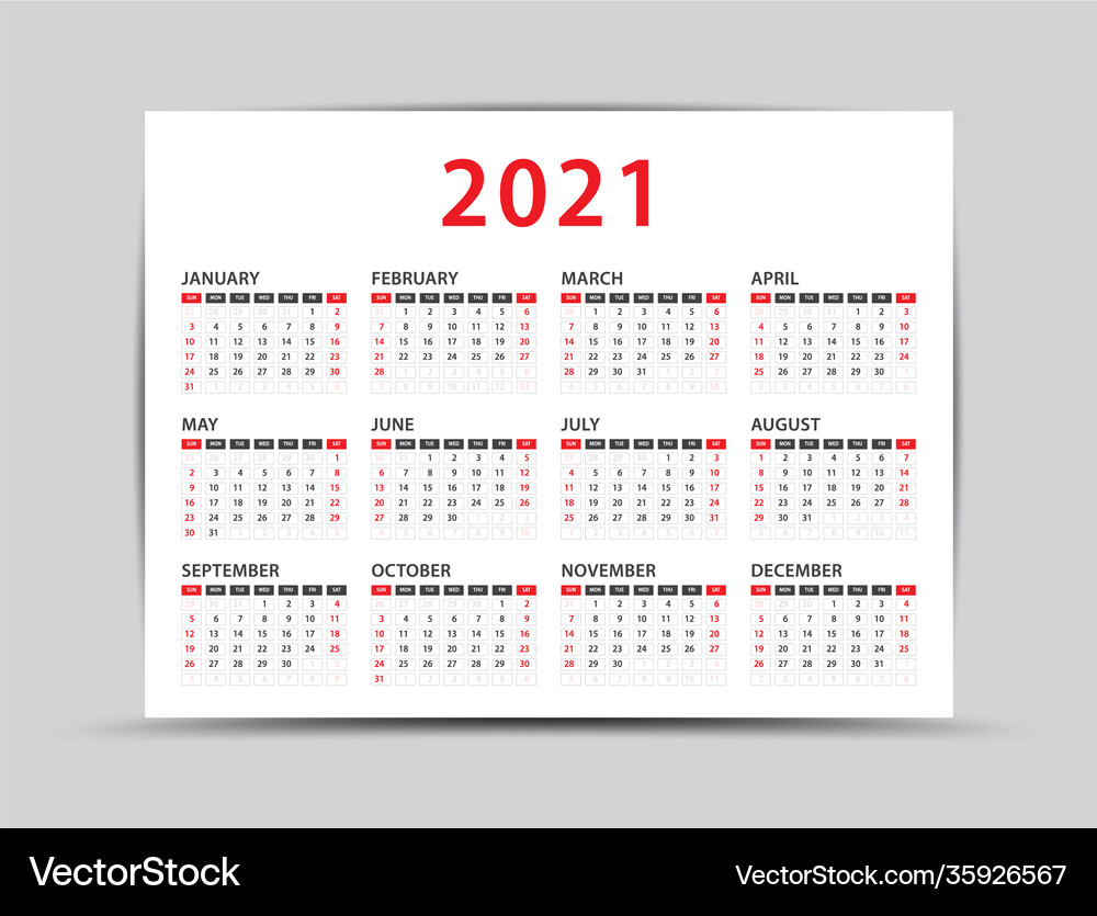 2021 yearly calendar - 12 months Royalty Free Vector Image