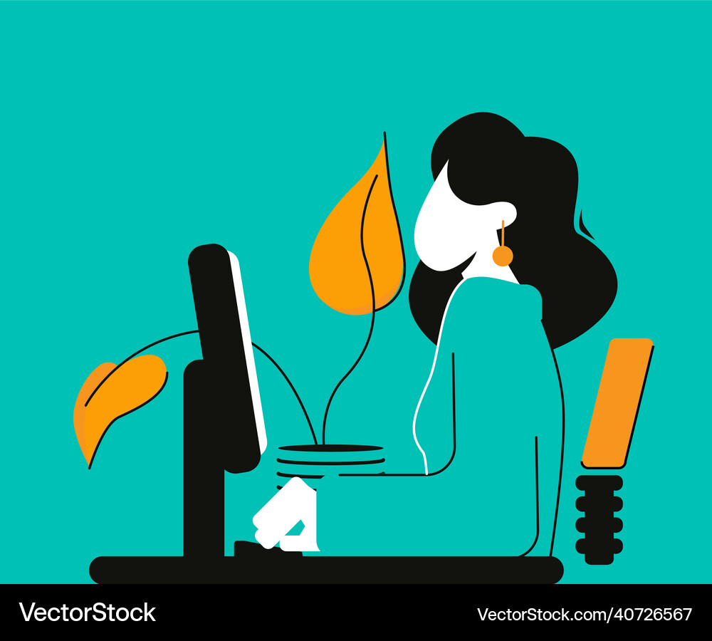 A woman is sitting at computer and typing Vector Image