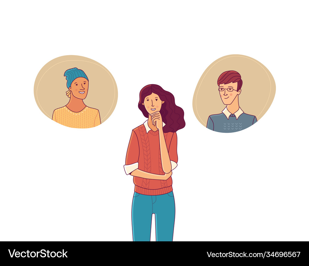 Beautiful woman thinking about two men Royalty Free Vector