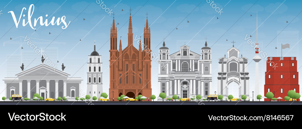 Vilnius skyline with gray landmarks and blue sky Vector Image