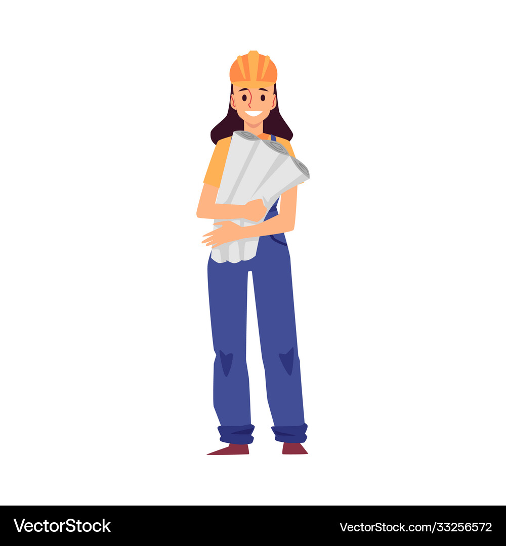 Cartoon female builder in uniform holding bunch Vector Image