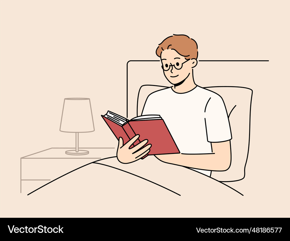 Man reads book before bedtime sitting in bed Vector Image