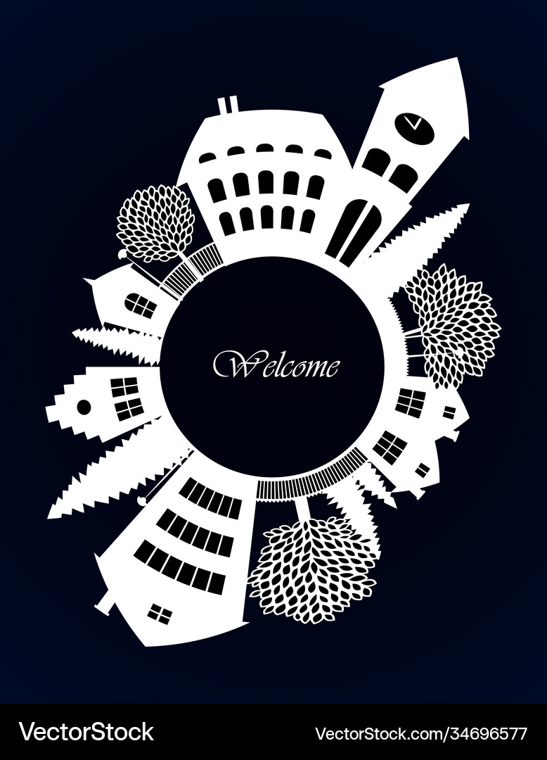 Small town silhouette skyline fish-eye stylized Vector Image