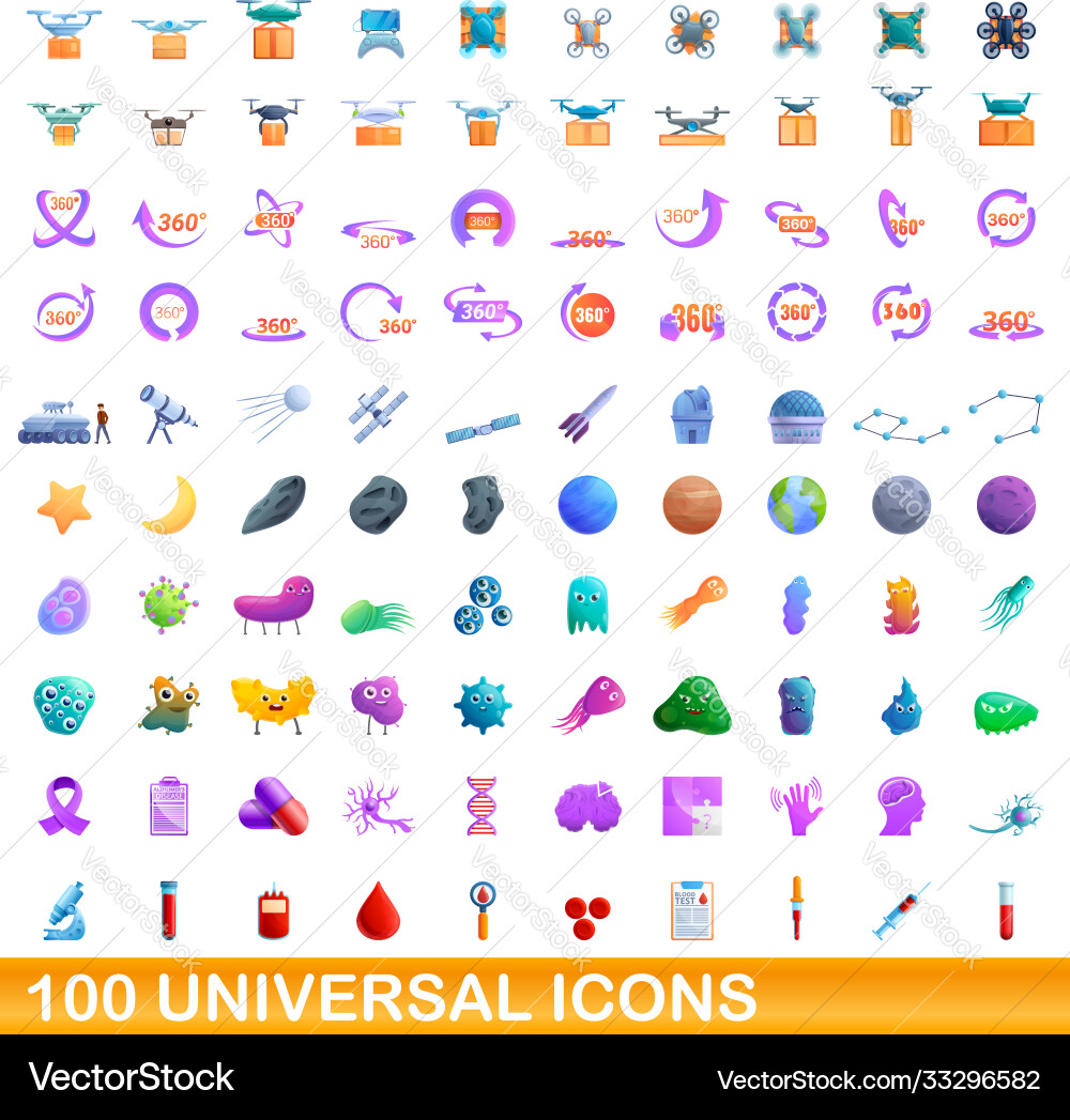 100 universal icons set cartoon style Royalty Free Vector