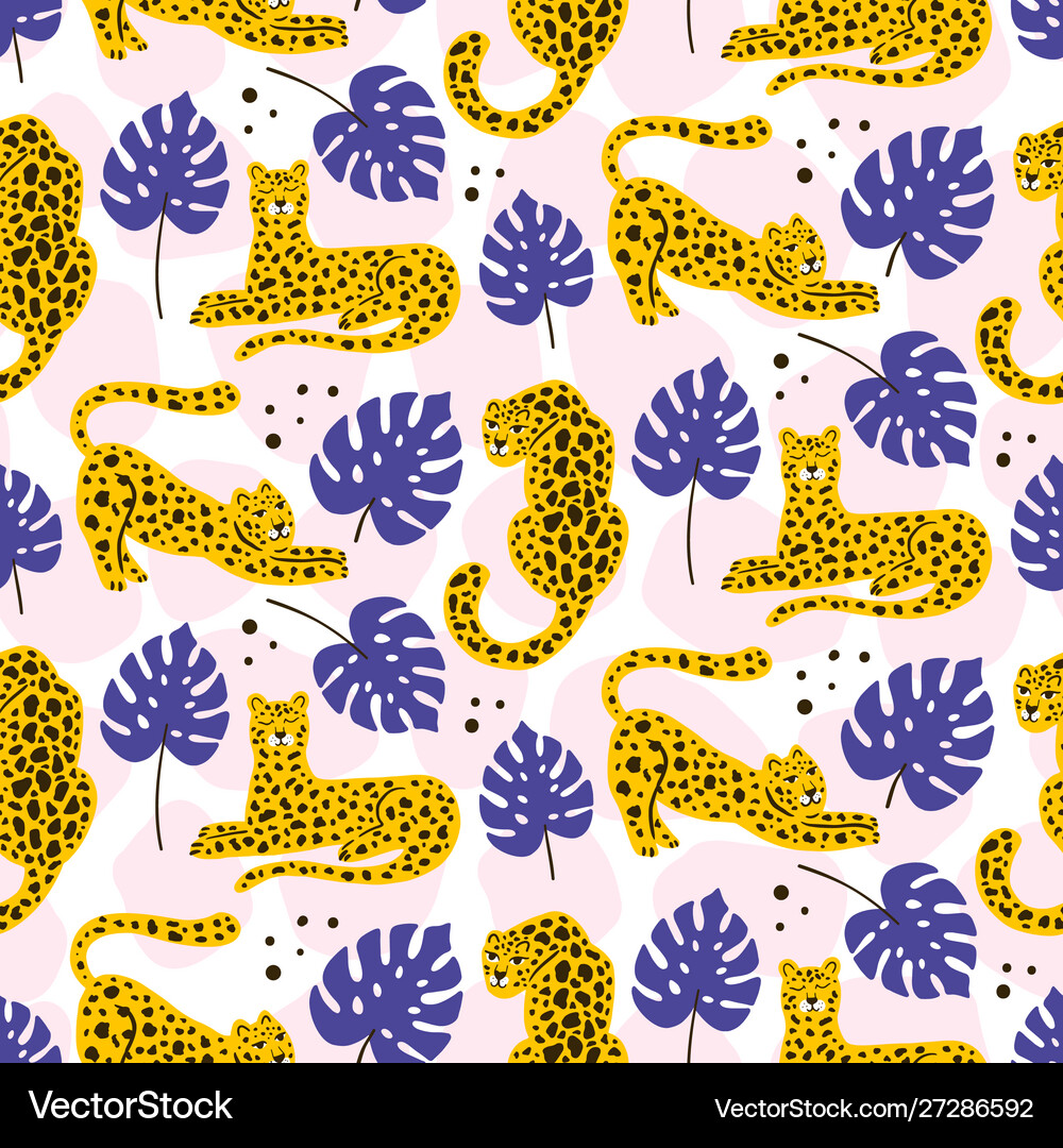 Leopard and tropical leaves pattern Royalty Free Vector