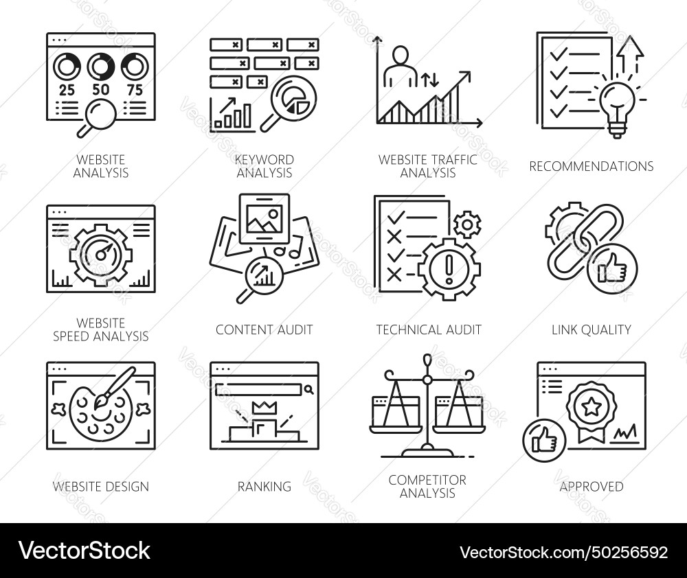 Web audit icons of website seo analysis Royalty Free Vector