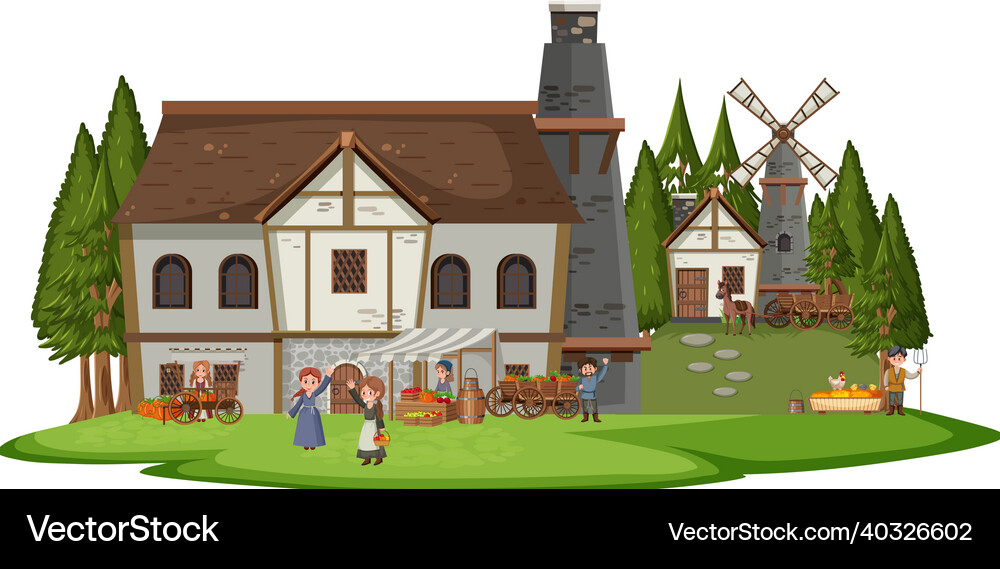 Ancient medieval village isolated on white Vector Image