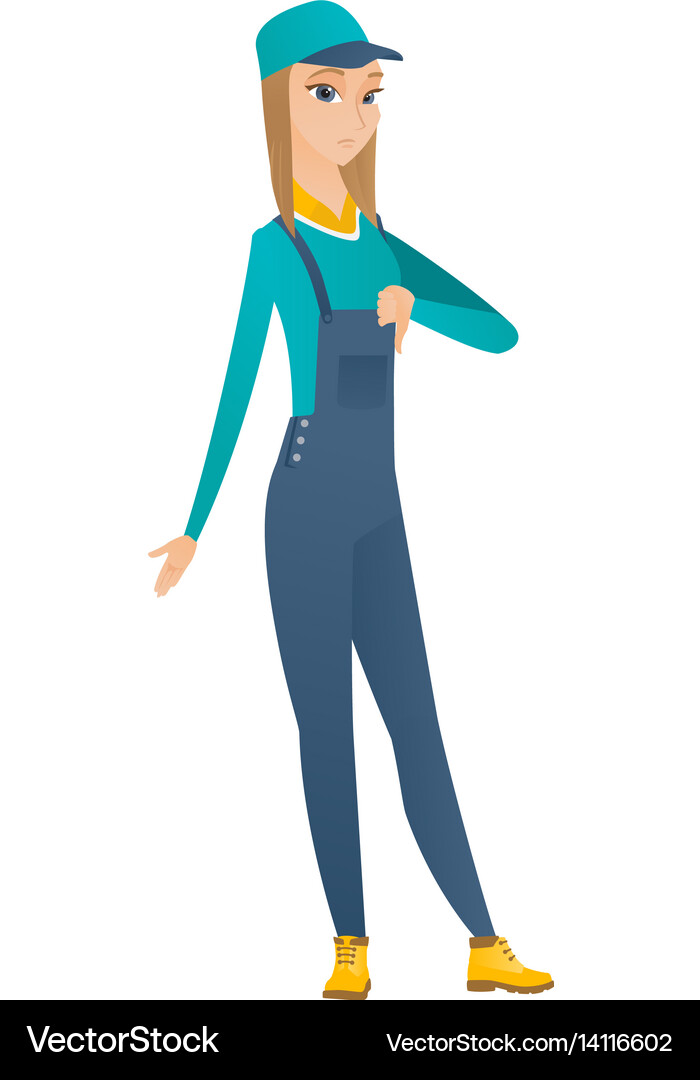 Disappointed caucasian mechanic with thumb down Vector Image