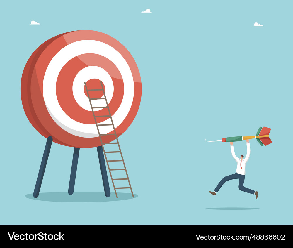 Man with dart runs towards dart board Royalty Free Vector