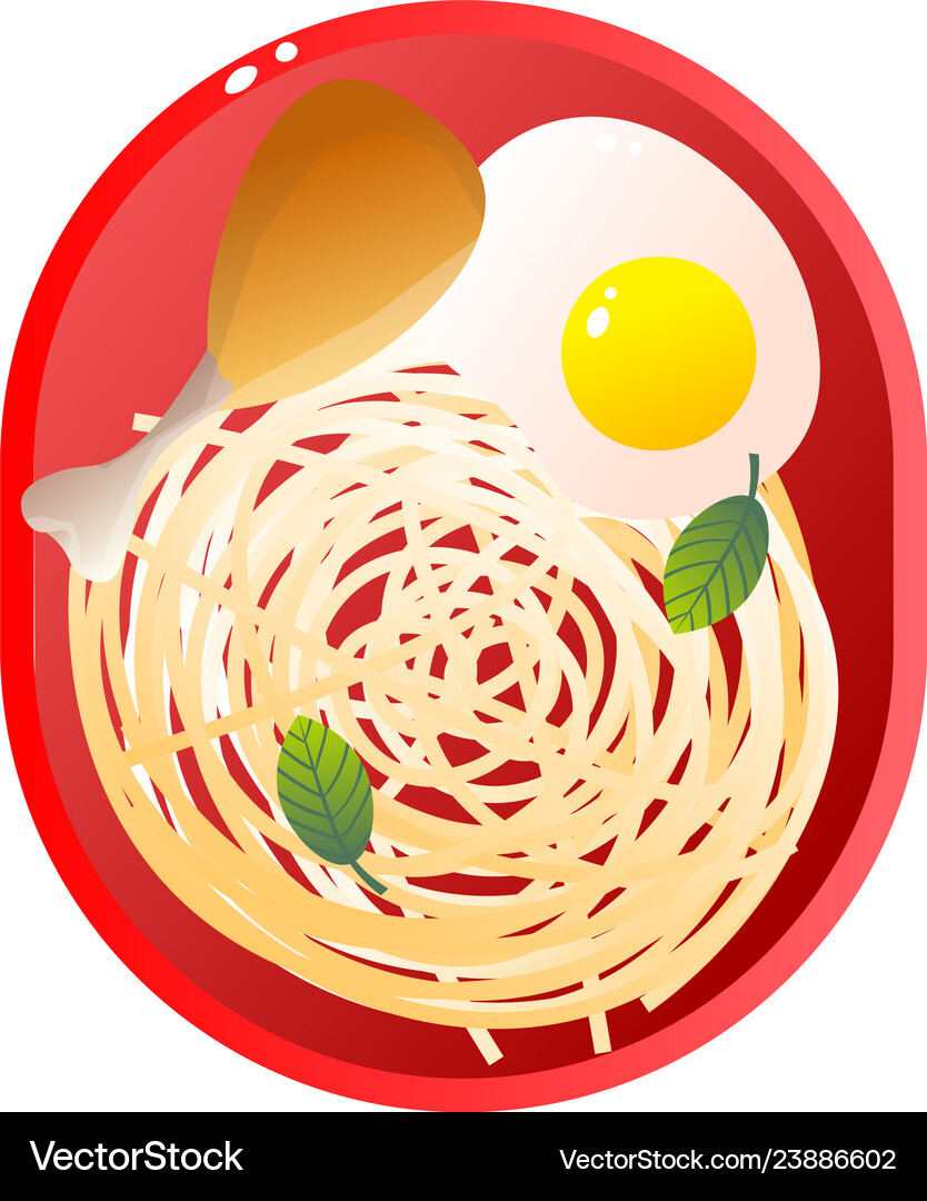 Red plate with chicken drumstick pasta and fried Vector Image
