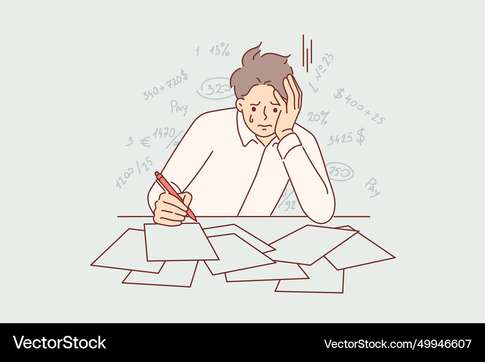 Bankrupt businessman is crying because Royalty Free Vector