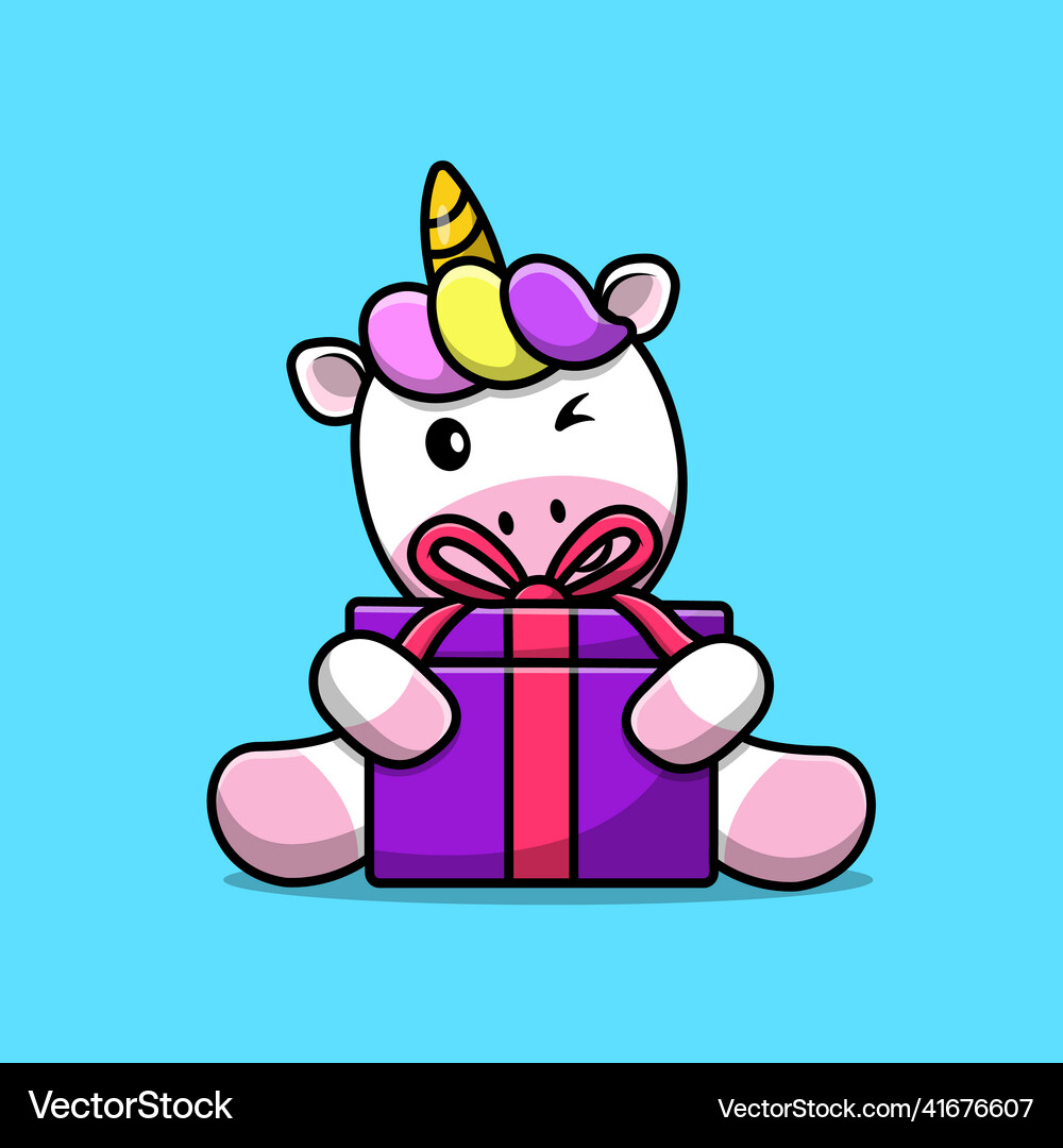 Cute unicorn holding gift box Royalty Free Vector Image