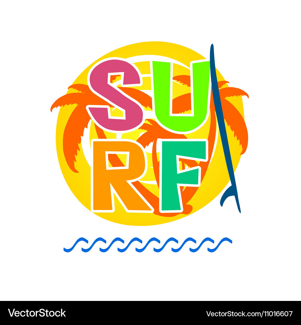 Surf icon with surfboard in colorful Royalty Free Vector