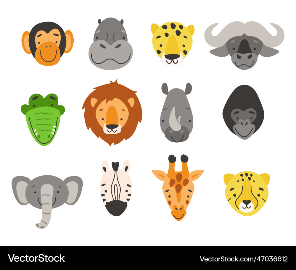 African animals heads cartoon set Royalty Free Vector Image