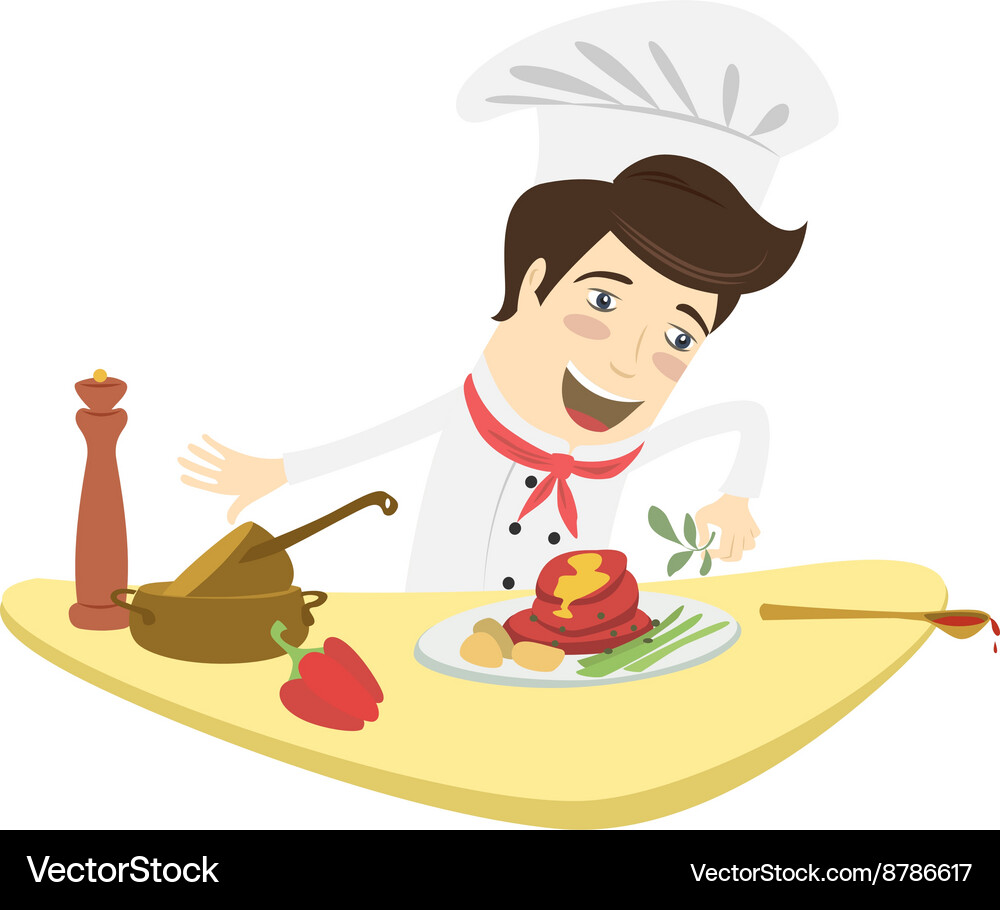 Funny chef cooking meat dish in the kitchen Vector Image