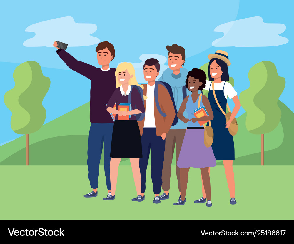Millennial group taking selfie nature background Vector Image