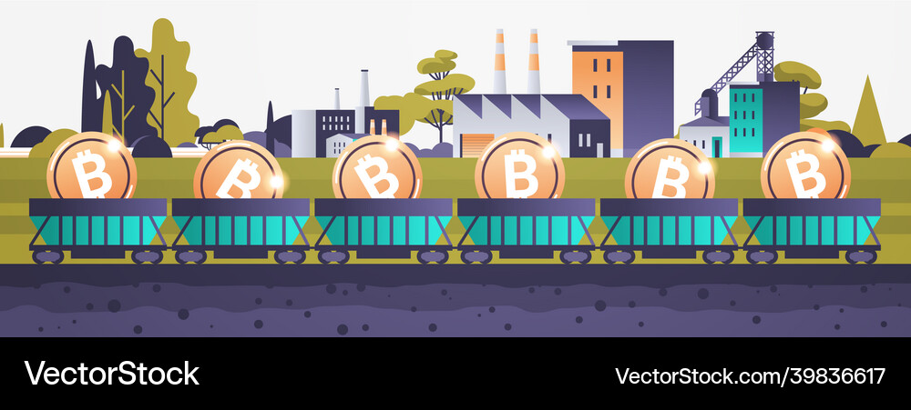Minecart on rails with bitcoins blockchain Vector Image