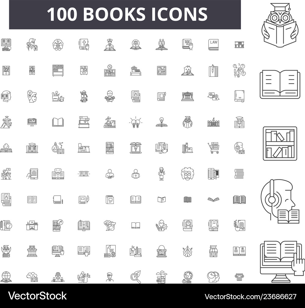 Books editable line icons 100 set Royalty Free Vector Image