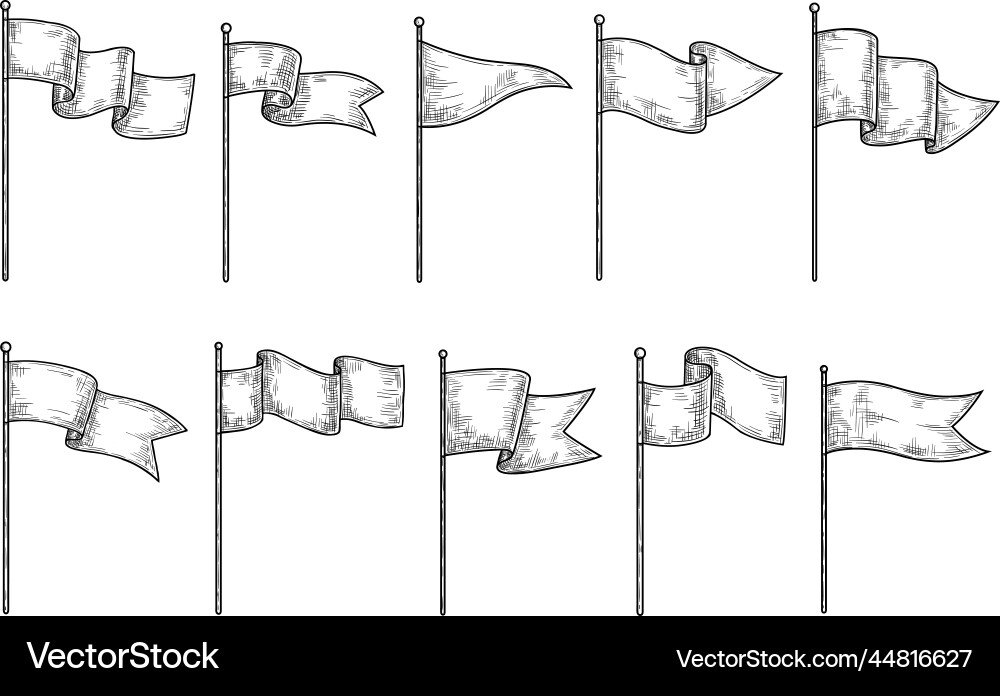 Hand drawn flags sketch waving fabric on pole Vector Image