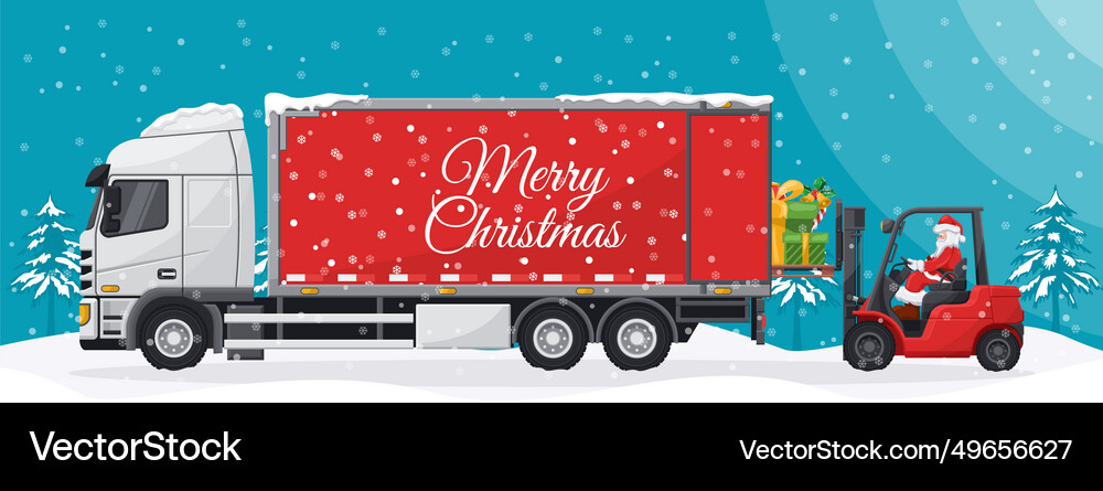 Santa claus driving a forklift loading gifts Vector Image
