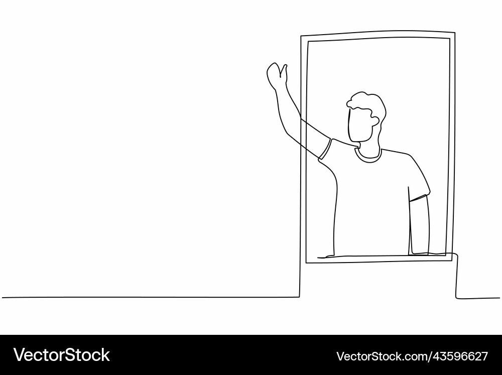 Single continuous line drawing young male waving Vector Image