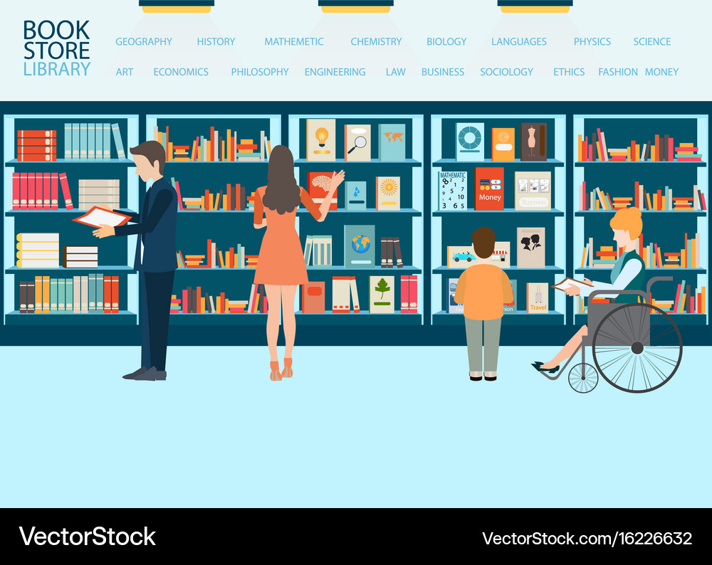 Bookstore or library with bookshelves Royalty Free Vector