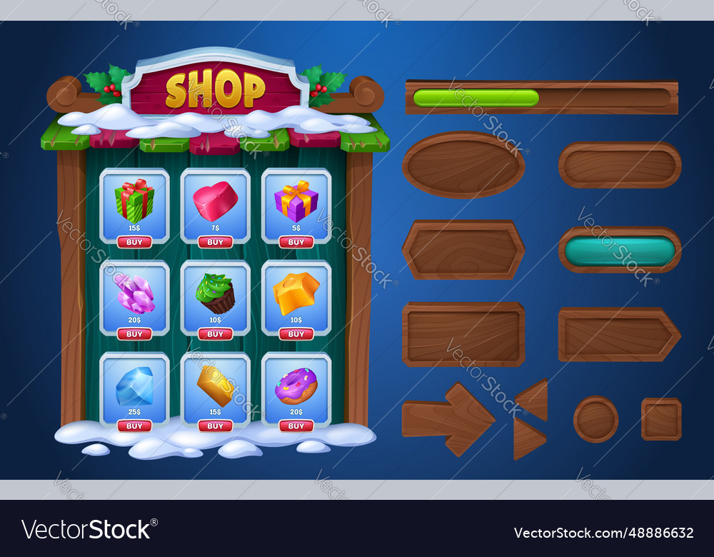 Game ui menu boards buttons and shop design Vector Image