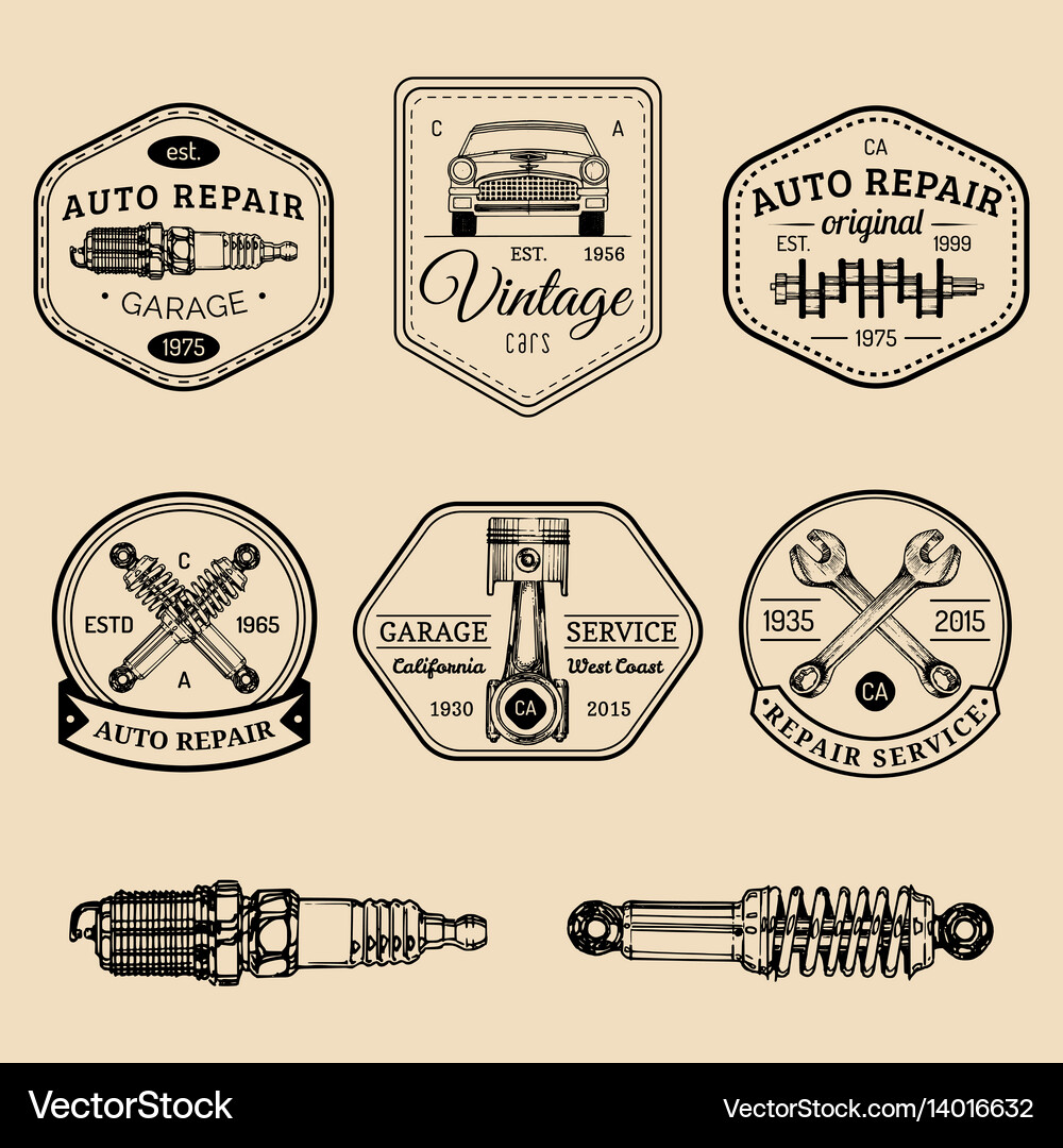 Garage logos set car repair emblems collection Vector Image