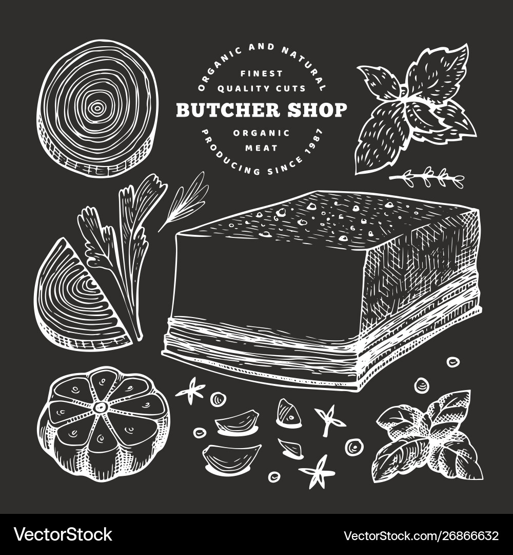 Vintage meat on chalk board hand drawn bacon Vector Image