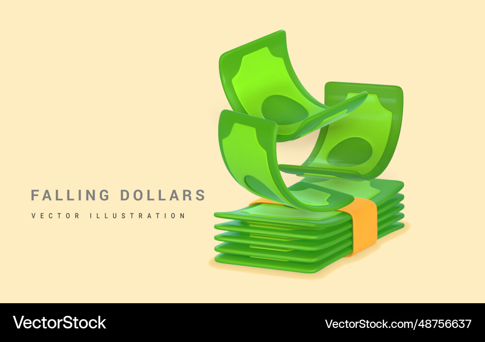 3d green stack of money in cartoon style falling Vector Image