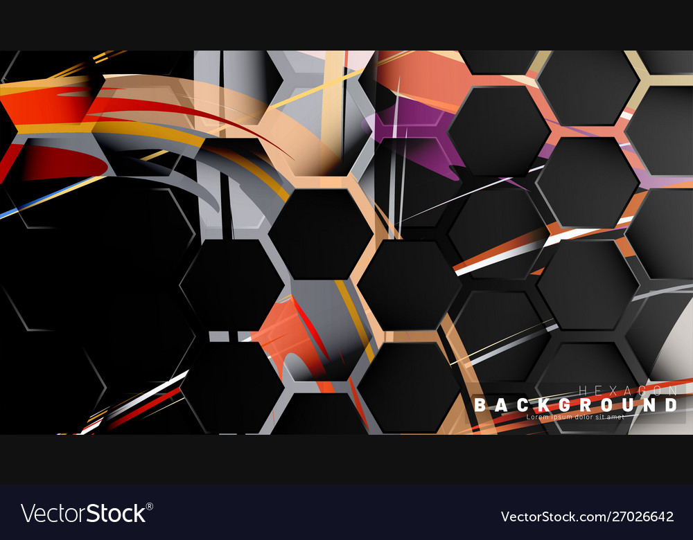 Black hexagon abstract pattern on colorful brush Vector Image