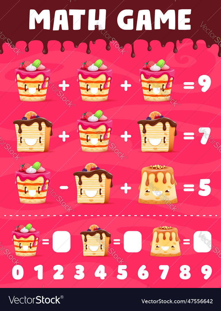 Math game worksheet cartoon cupcakes characters Vector Image
