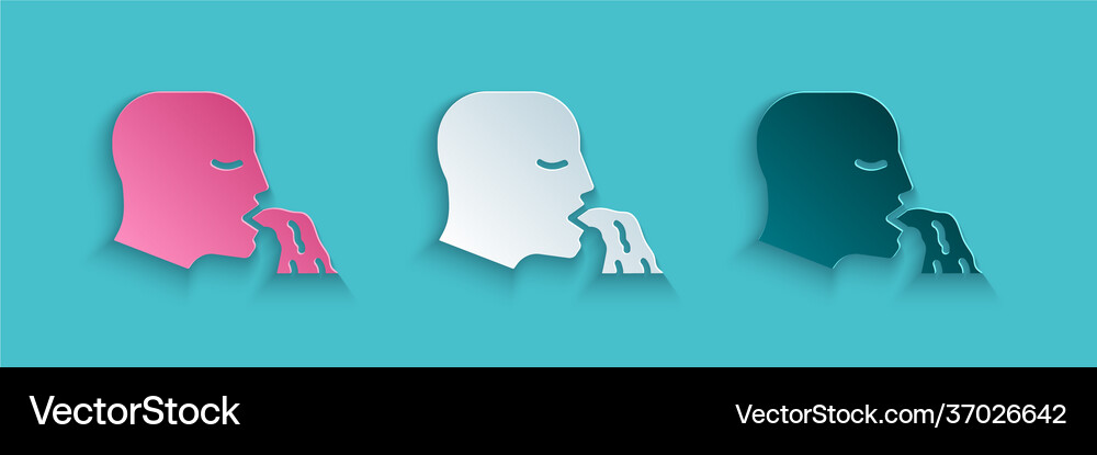 Paper cut vomiting man icon isolated on blue Vector Image