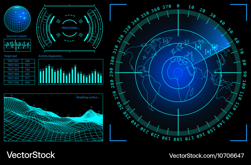 Military green radar wireframe landscape screen Vector Image