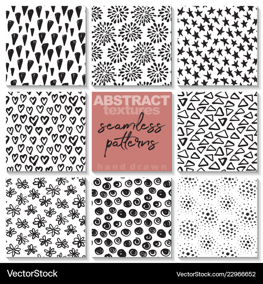 Set of eight hand drawn ink seamless patterns Vector Image