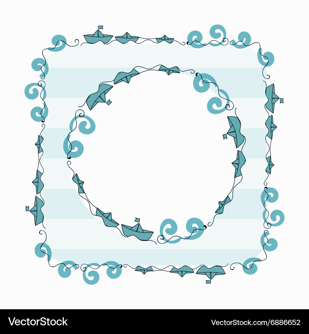 Square frame with waves and paper boats Royalty Free Vector