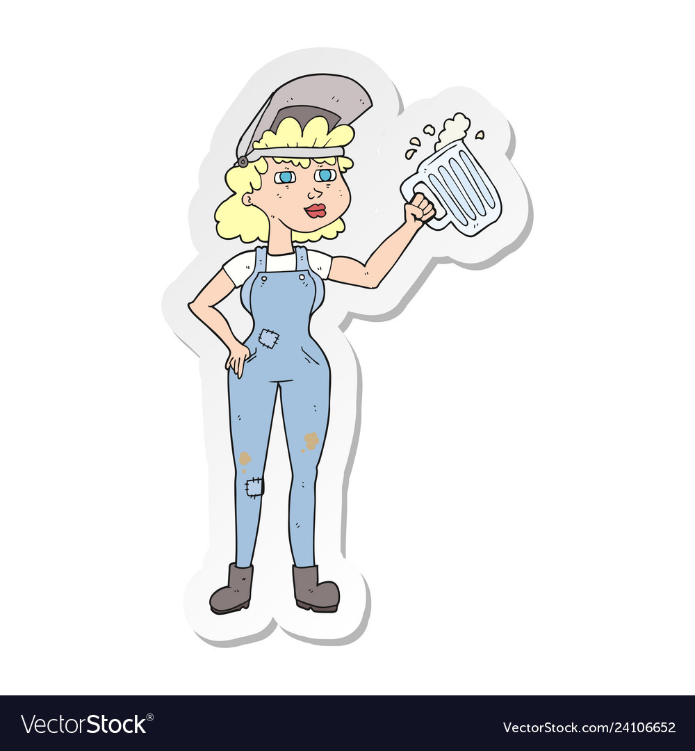 Sticker Of A Cartoon Hard Working Woman With Beer Vector Image