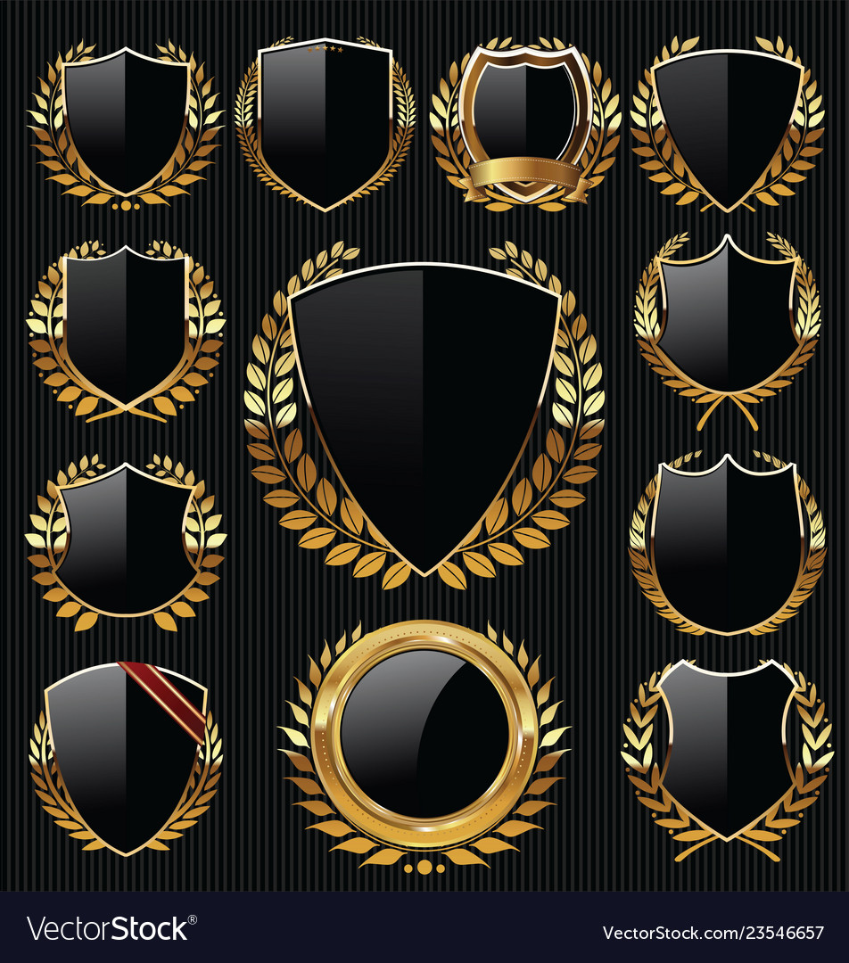 Gold and black shield and laurel wreath collection Gold and black shield and laurel wreath collection