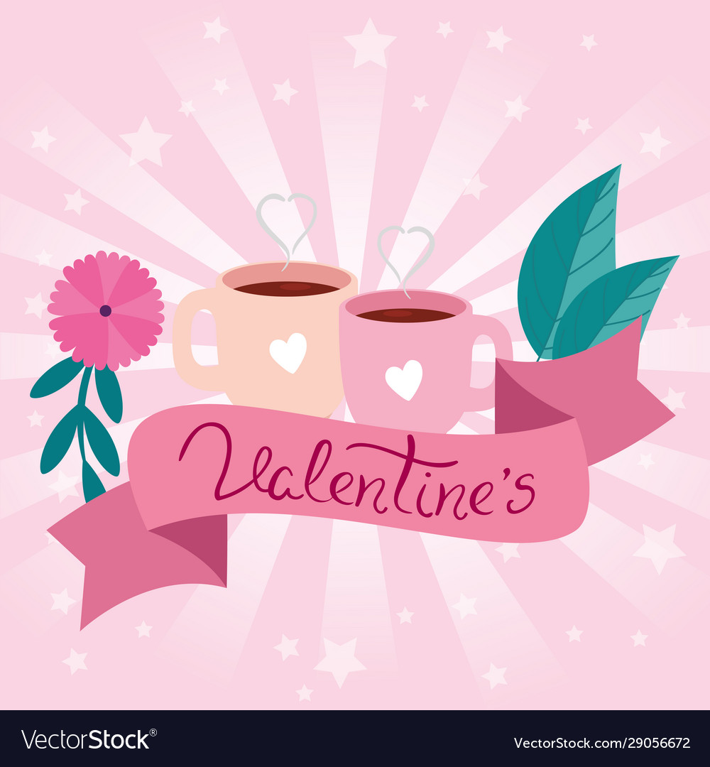 Valentines day card with cups coffee and ribbon Vector Image