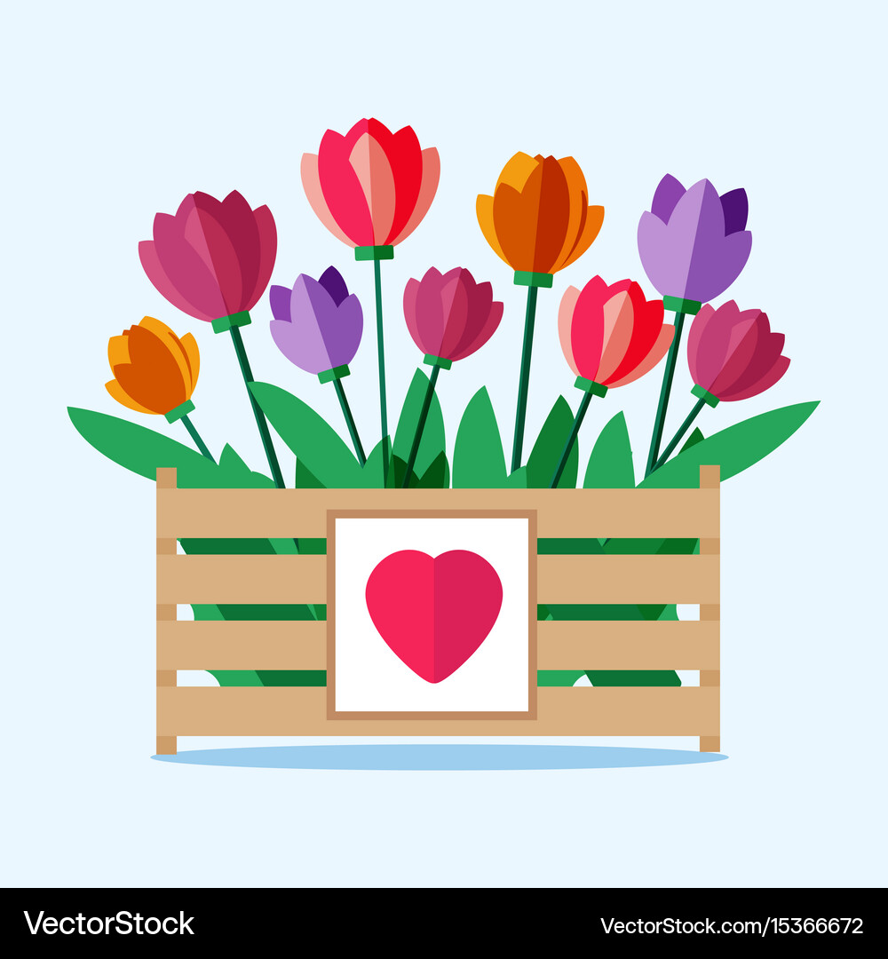 Wooden box with colored tulips Royalty Free Vector Image