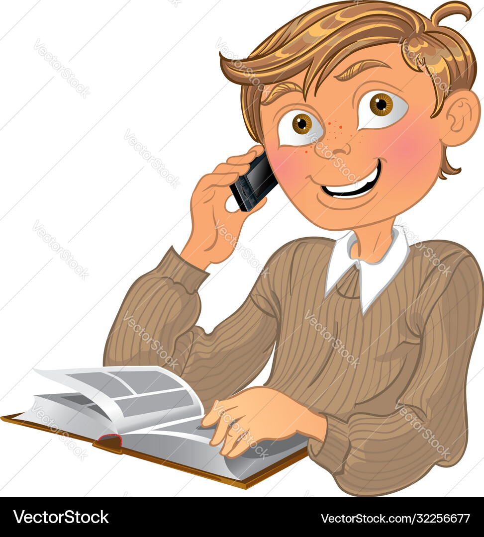 Blond boy and phone and book Royalty Free Vector Image