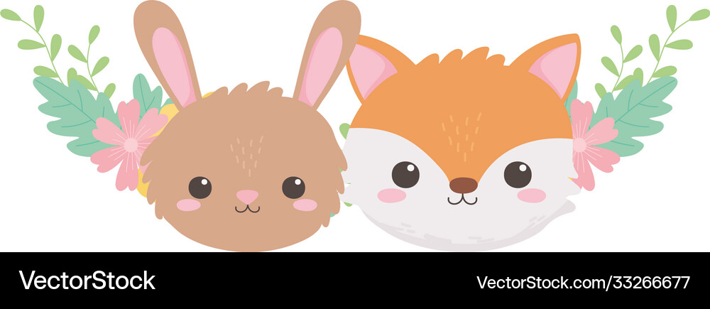 Cute rabbit fox faces hearts leaves cartoon Vector Image