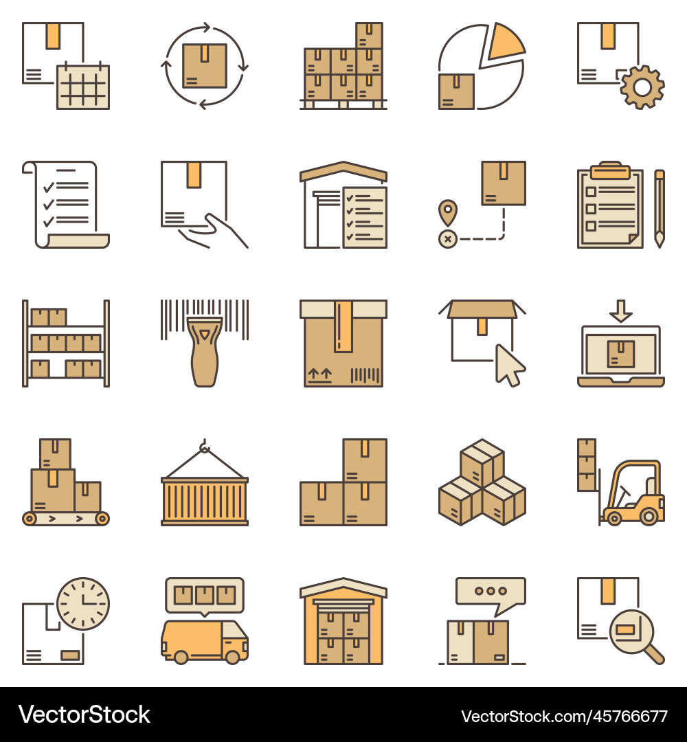 Inventory and storage colored icons set warehouse Vector Image